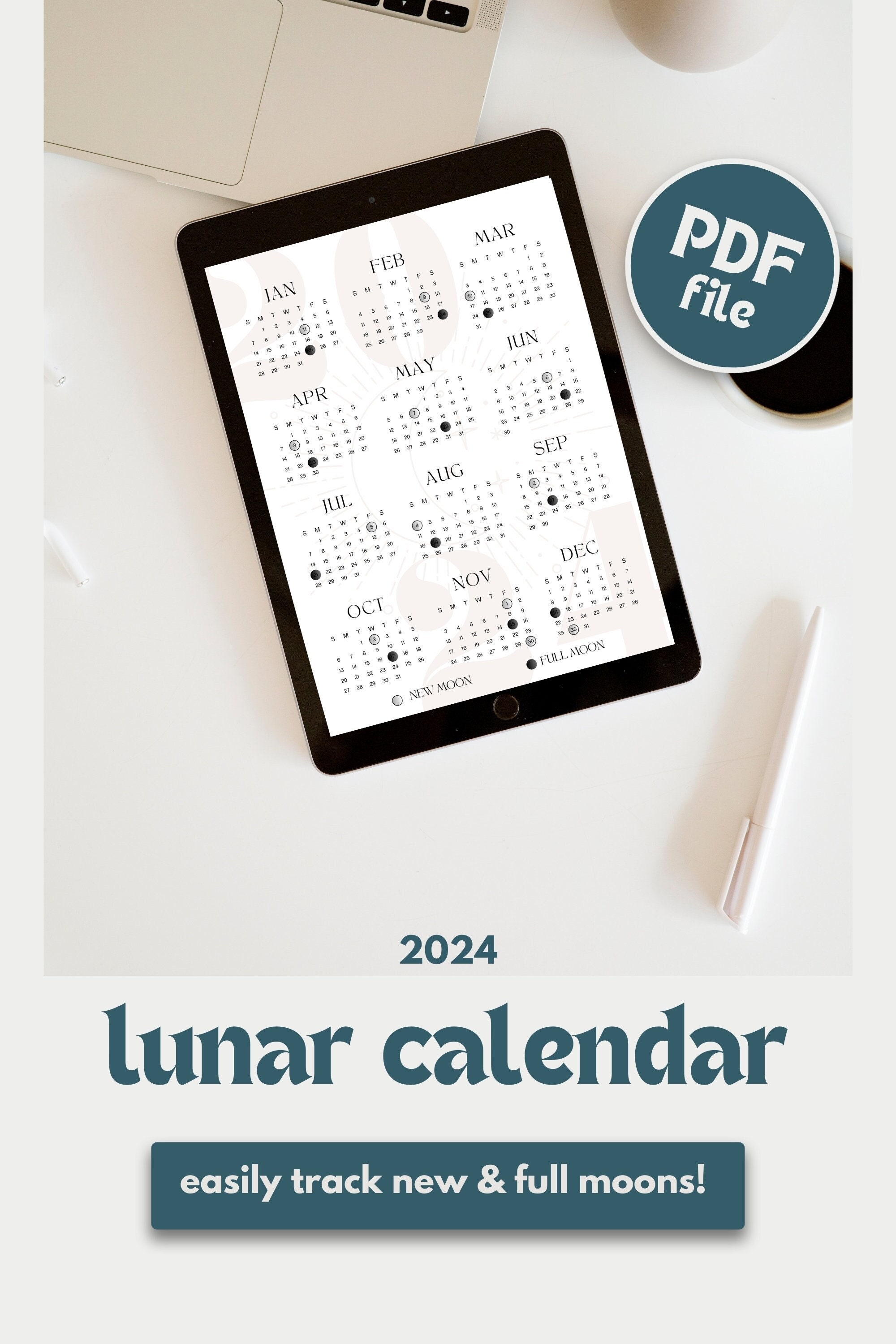 2024 Lunar Calendar Printable - Minimalist Moon Phase Tracker ...