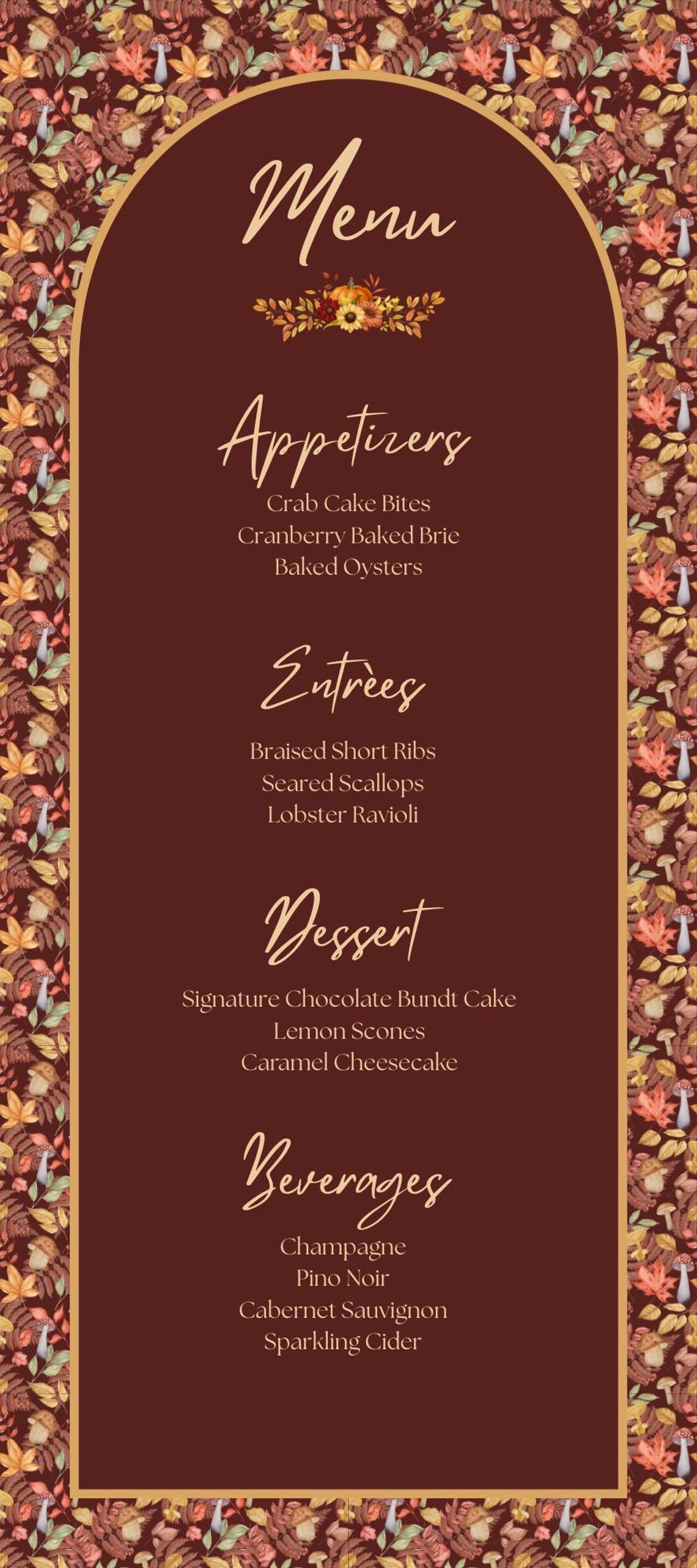 Editable Fall Wedding Personalized Menu | Autumn 4x9 Dinner Menu ...