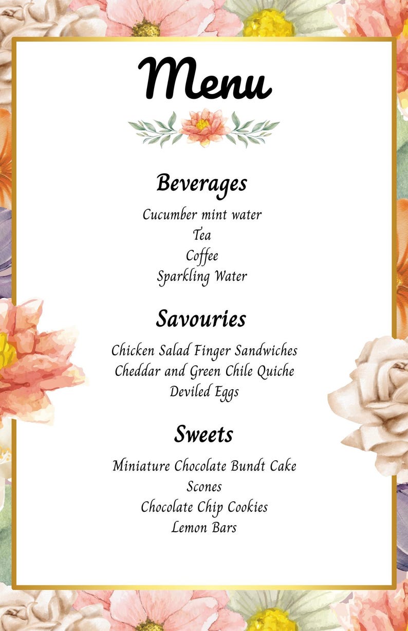 High Tea Party Menu Template - Editable 11x17 Canva Design for Bridal ...