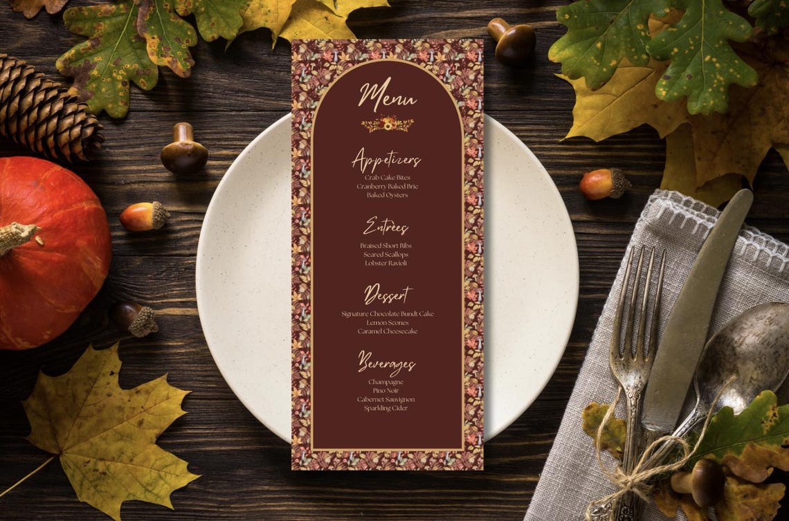 Editable Fall Wedding Personalized Menu | Autumn 4x9 Dinner Menu ...