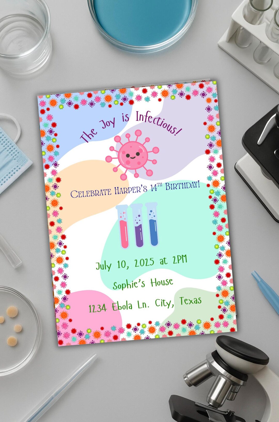Editable “the Joy is Infectious” Science Party Invitation - Biology and ...