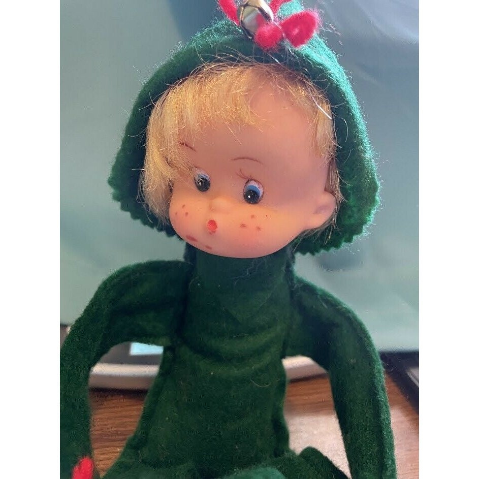 Vtg Large Plastic Face Boy Freckles Elf Shelf Sitter Gnome Green ...