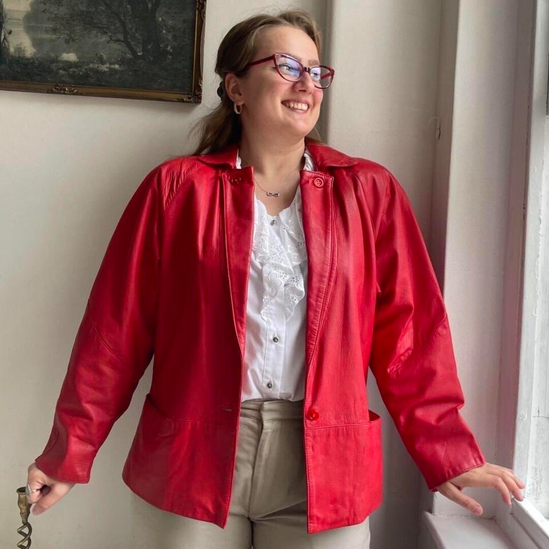 80s Vintage Bright Red Leather Jacket - Etsy