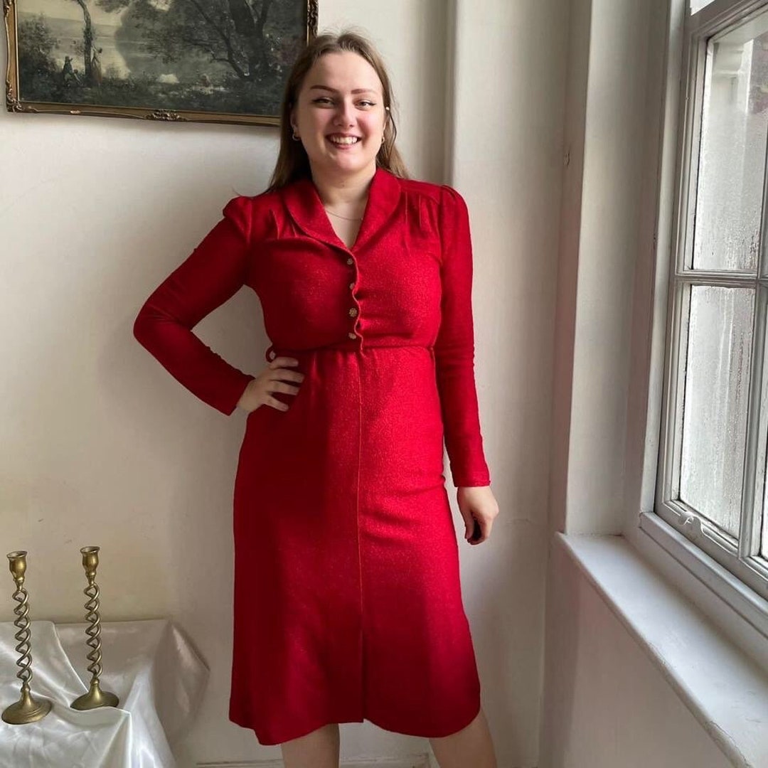 Vintage Puff Shoulder Red Midi Dress - Etsy
