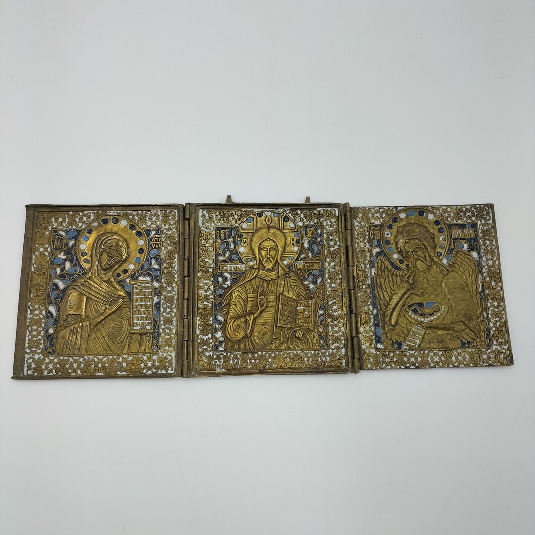 Antiques, Orthodox, Russian Bronze Icon: Large Triptich Diesis With Enamel. - Etsy