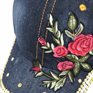 100% Cotton Women Denim Baseball Cap With Stone and Embroidery Flower ...