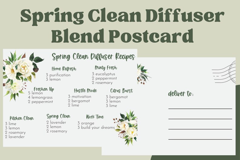 SPRING CLEAN DIFFUSER Blends Recipe Postcard | Spring Essential Oil ...