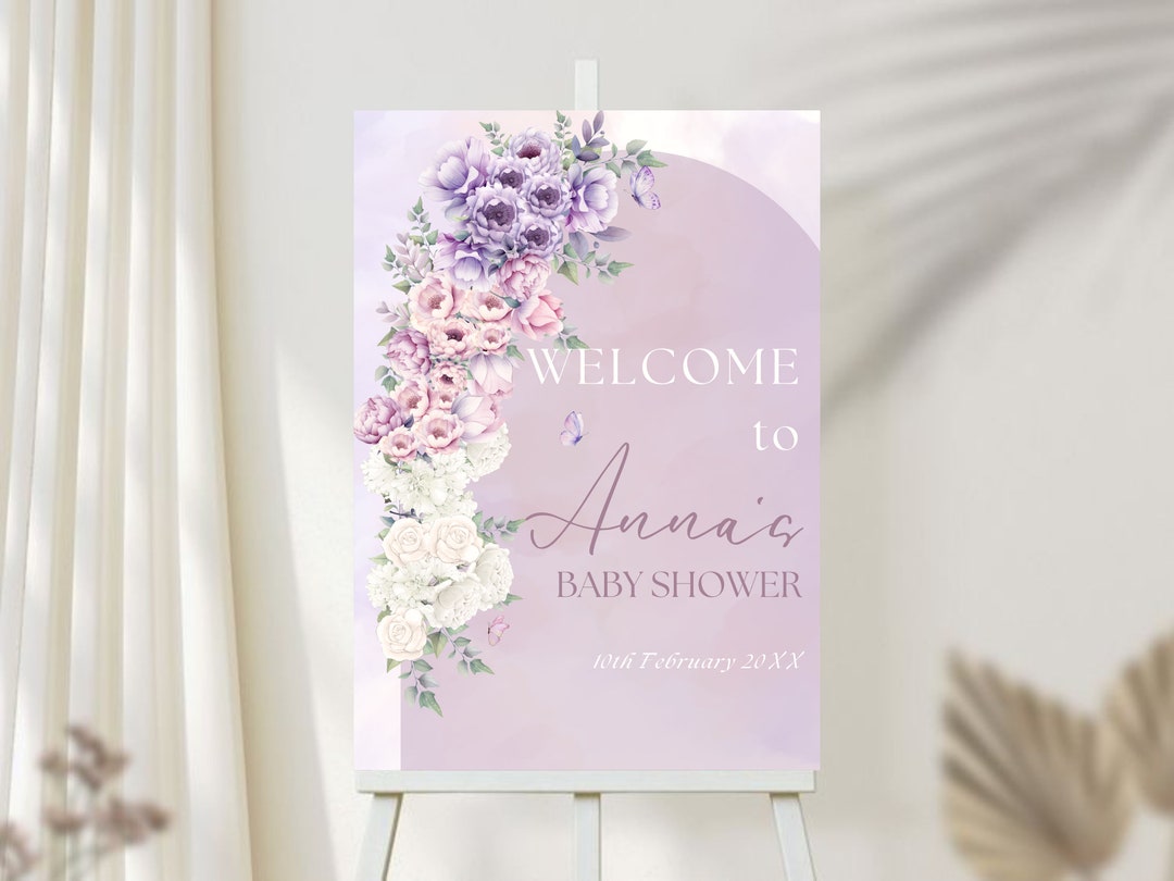 Purple Floral Baby Shower Welcome Sign, Flowery Purple Baby Shower ...