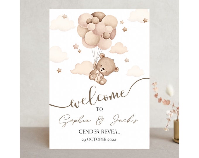 Gender Reveal Welcome Sign, Teddy Bear Neutral Gender Reveal Entrance ...