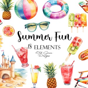 Summer Fun Clipart, Summer Clipart, Watercolor Clipart PNG Bundle, Pool ...