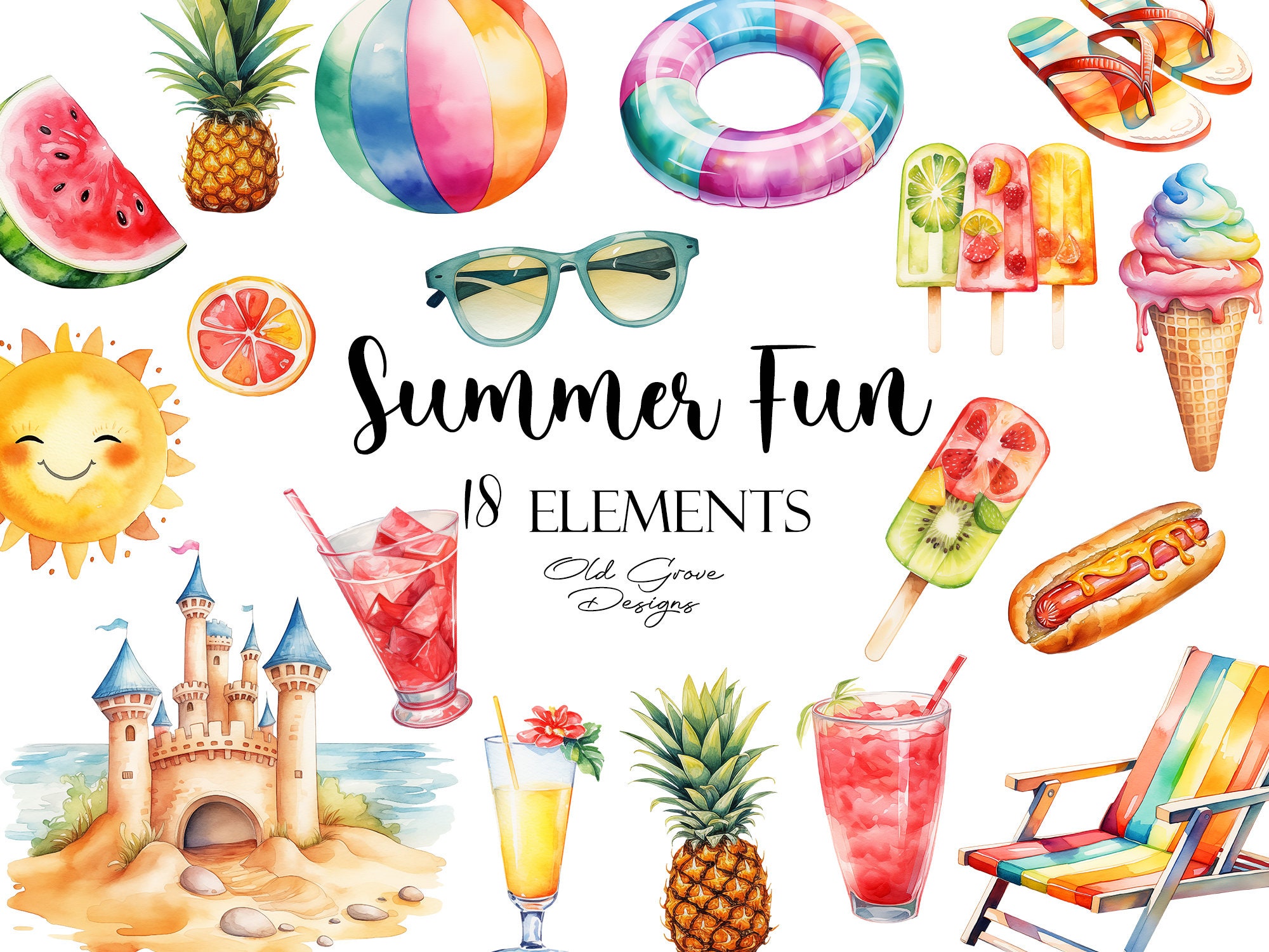Summer Fun Clipart, Summer Clipart, Watercolor Clipart PNG Bundle, Pool ...