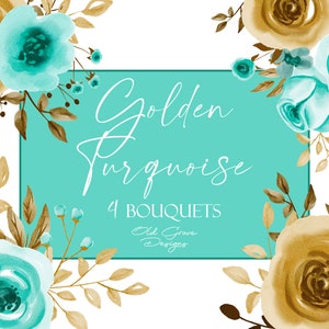 Golden Turquoise, Watercolor Flowers Clipart, Watercolor Bouquet ...