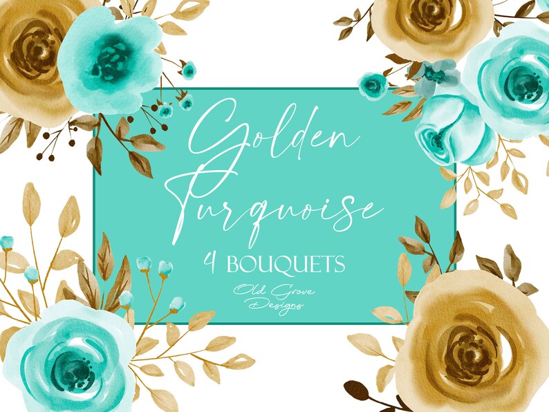 Golden Turquoise, Watercolor Flowers Clipart, Watercolor Bouquet ...