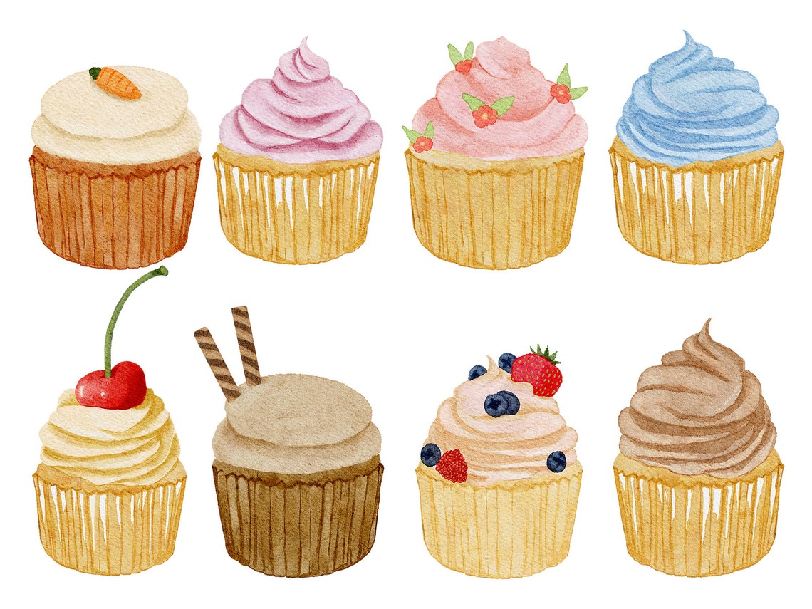 Watercolor Cupcake Clipart Cake Clipart Watercolor Clipart - Etsy
