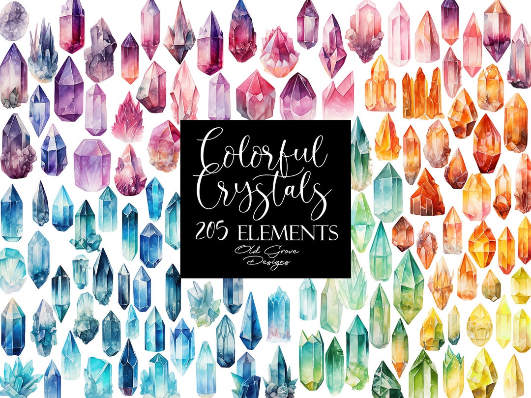 Rainbow Crystals Clipart Bundle, Watercolor Clipart, Watercolor Crystal ...