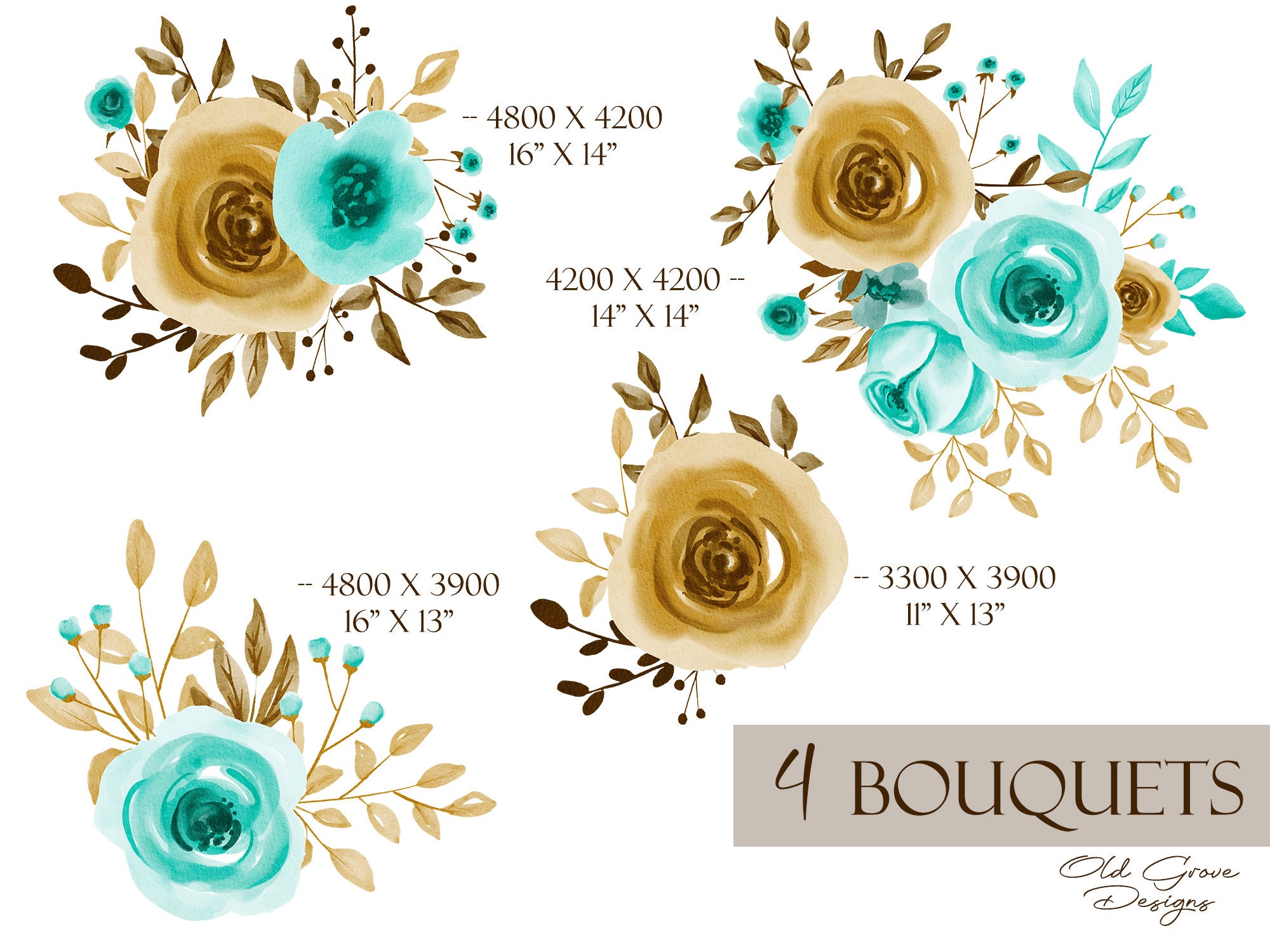 Golden Turquoise, Watercolor Flowers Clipart, Watercolor Bouquet ...