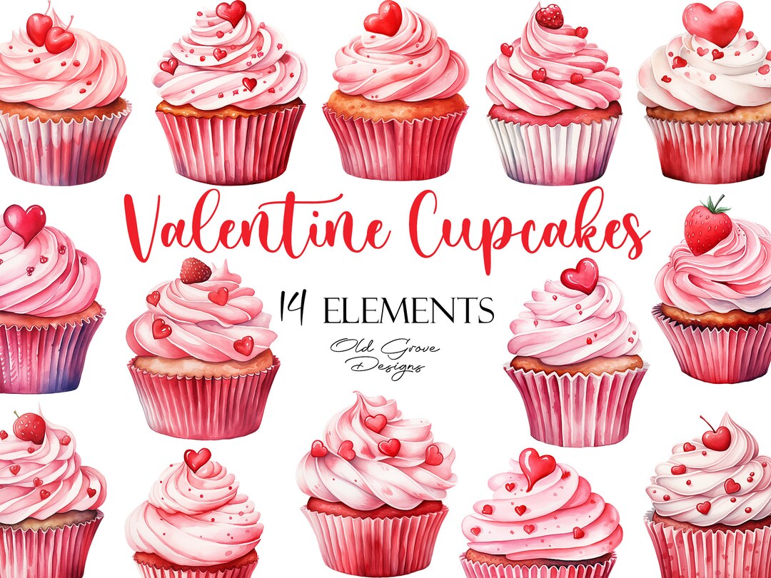 Valentine Cupcake Clipart, Cake Clipart, Watercolor Clipart PNG Bundle ...