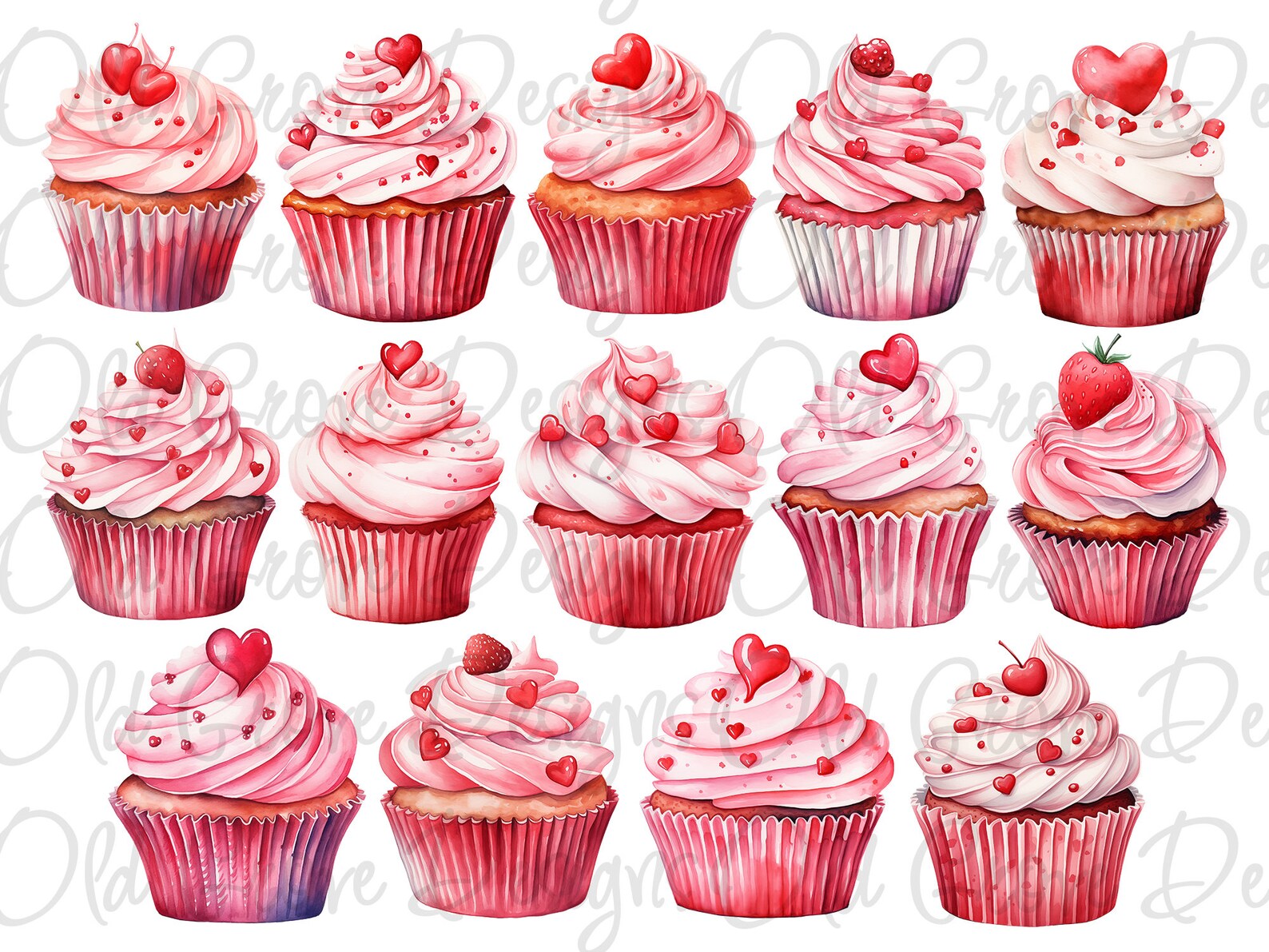 Valentine Cupcake Clipart, Cake Clipart, Watercolor Clipart PNG Bundle ...