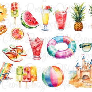 Summer Fun Clipart, Summer Clipart, Watercolor Clipart PNG Bundle, Pool ...