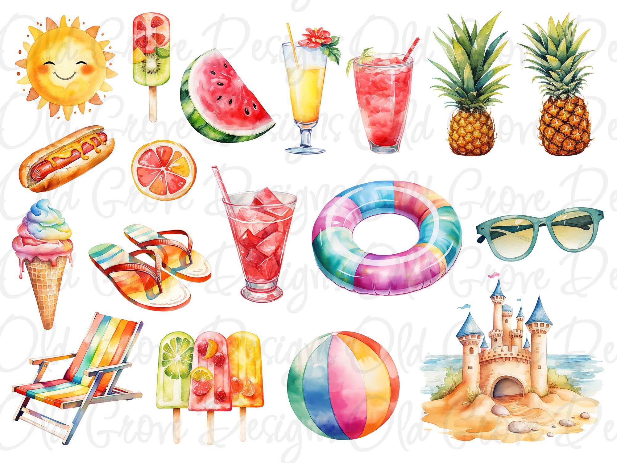 Summer Fun Clipart, Summer Clipart, Watercolor Clipart PNG Bundle, Pool ...