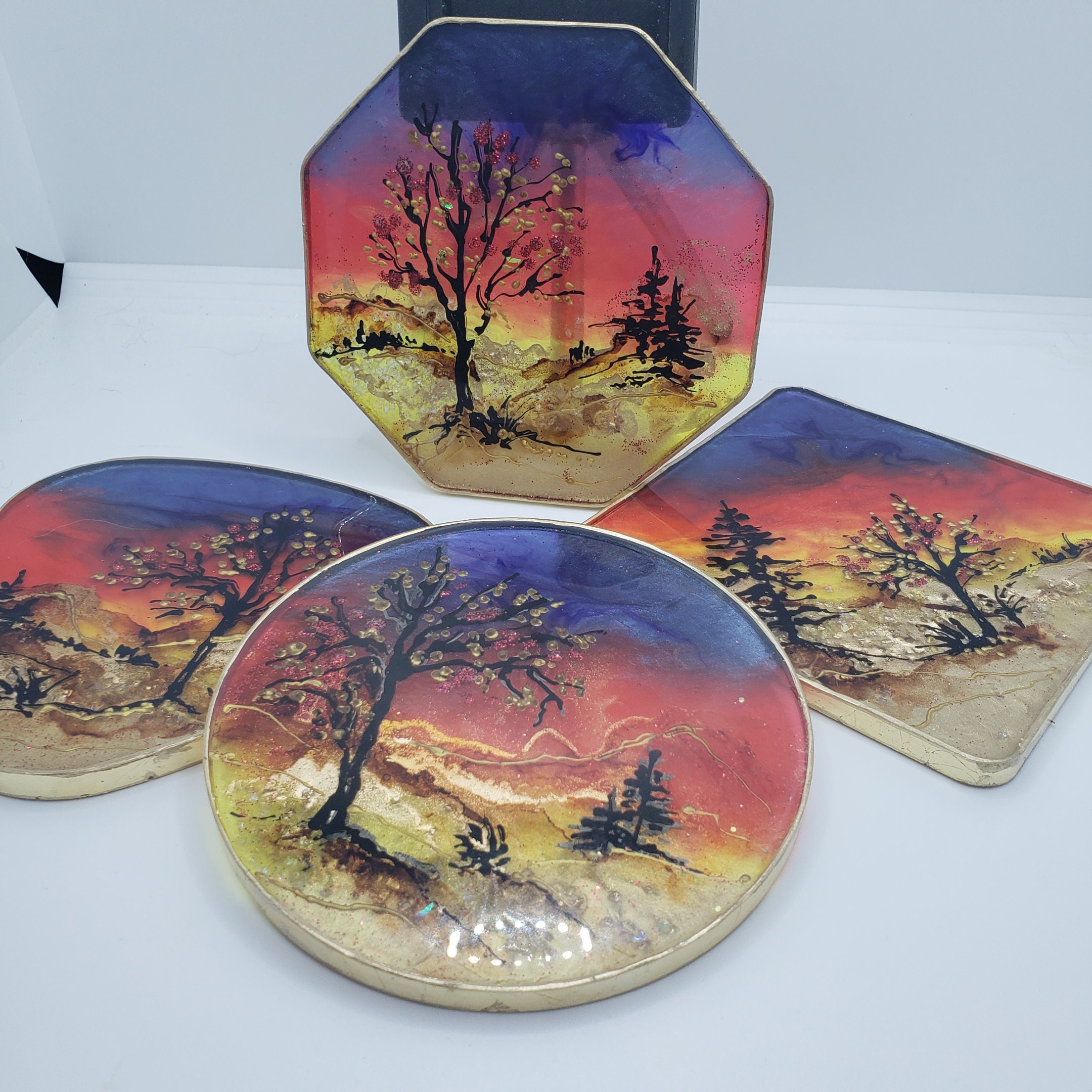 Sunset Coasters Set With Trees. 4 Coasters Set - Etsy UK