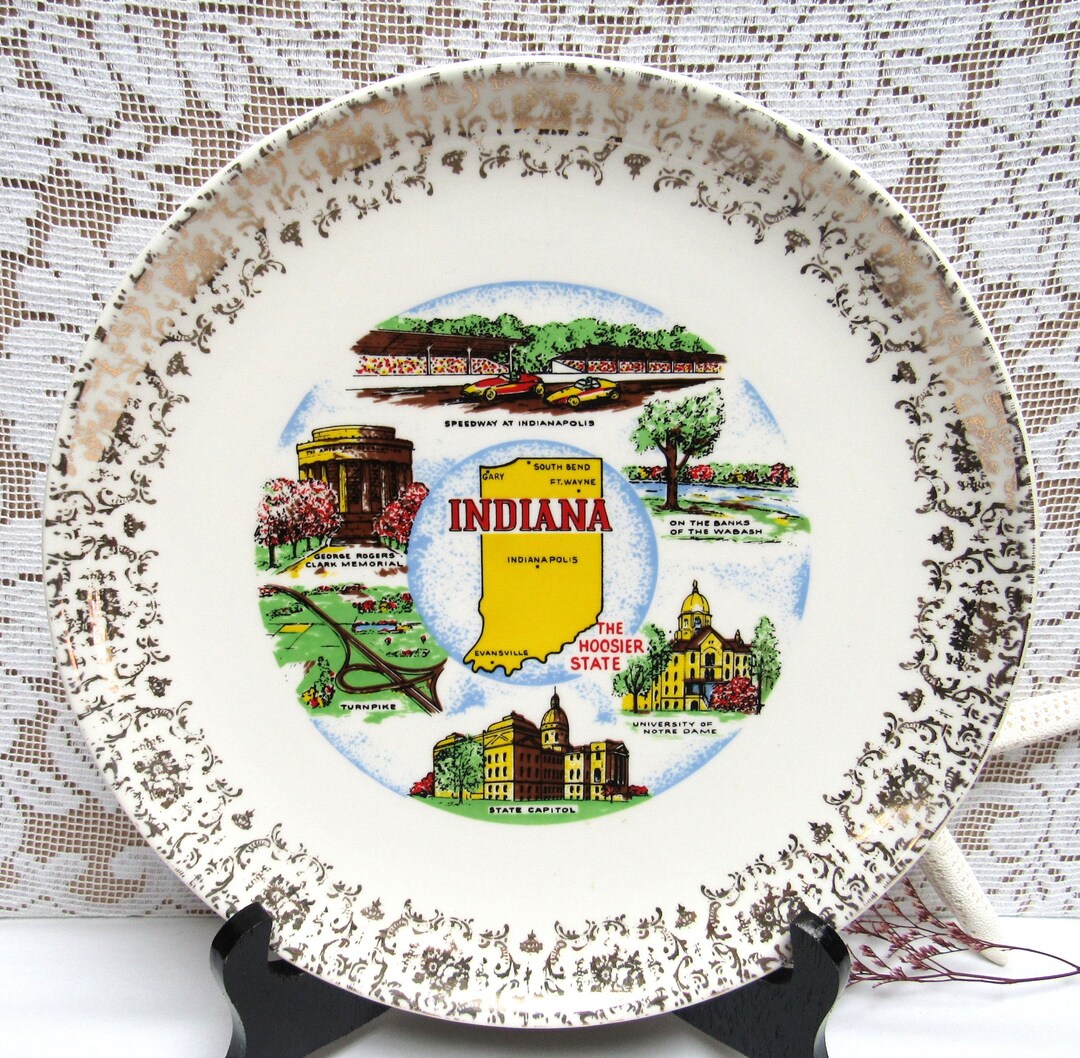 Vintage Souvenir Plate INDIANA State Plate Gold Trim Map Indianapolis ...