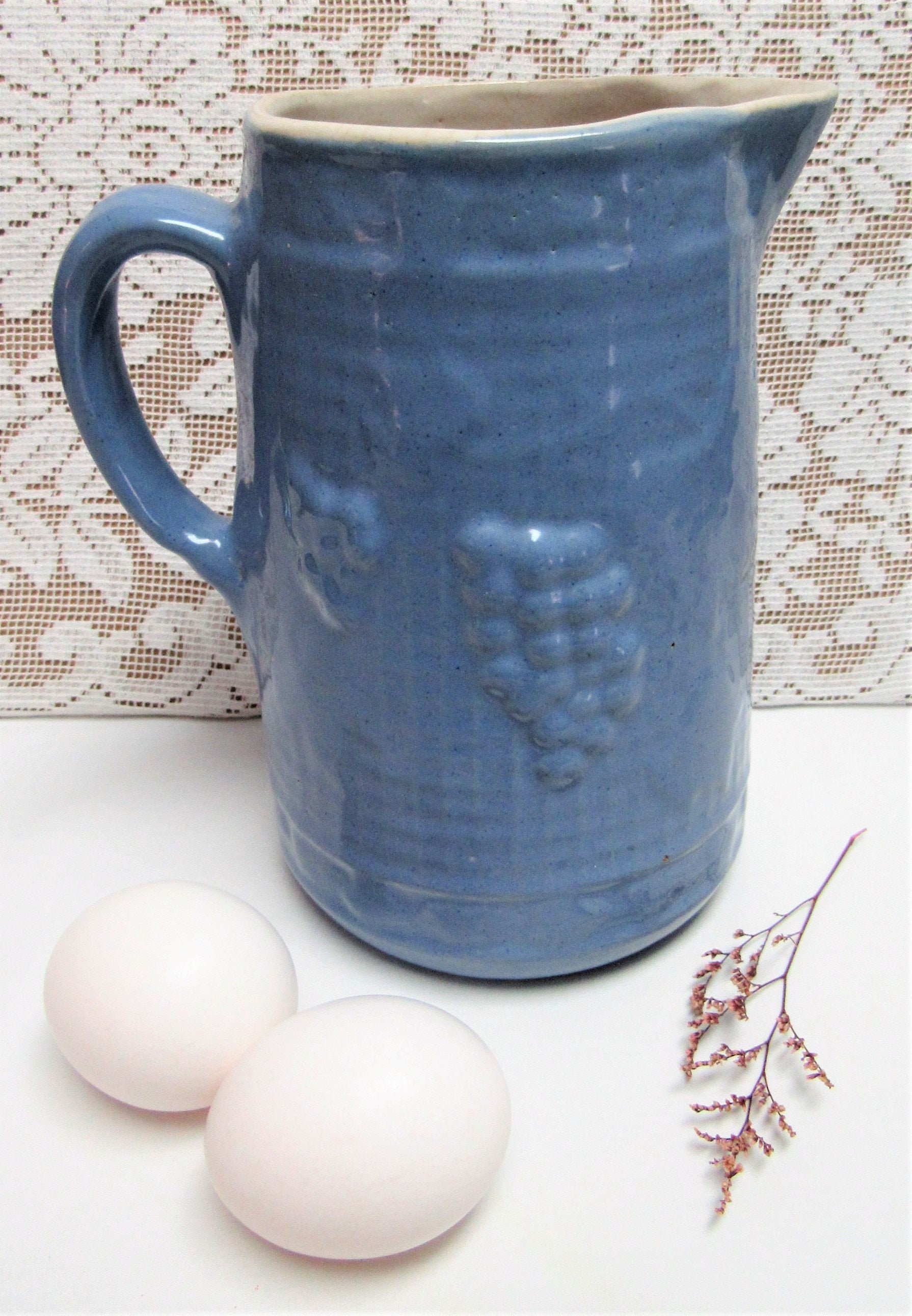 Vintage UHL POTTERY Farmhouse STONEWARE Pitcher Blue Cream White ...