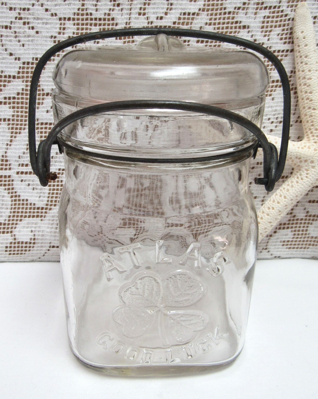 Vintage ATLAS GOOD LUCK Fruit Canning Jar Glass Small Square With Lid ...