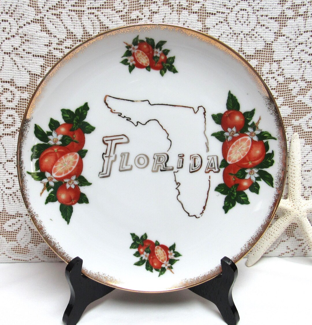 Vintage OLD FLORIDA Souvenir Plate Oranges Border Gold Border Map 1950s ...