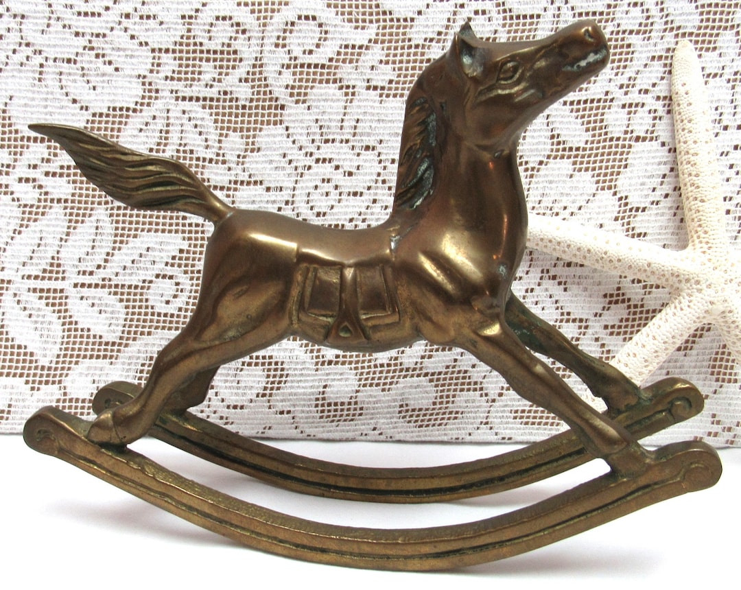 Vintage Solid BRASS ROCKING HORSE Figurine Detailed Golden Brass Color ...