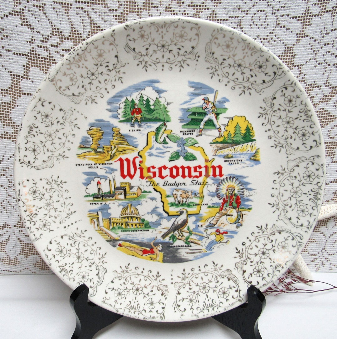 Vintage Souvenir Plate WISCONSIN State Plate Gold Trim BADGER STATE ...