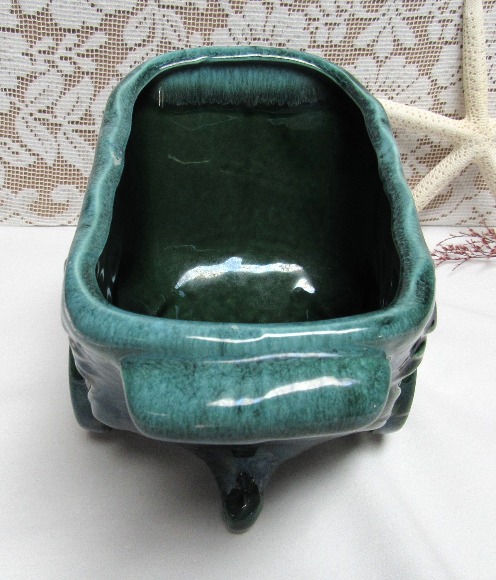 Lovely Vintage HULL POTTERY Wheelbarrow PLANTER B14 Green Foam Drip ...