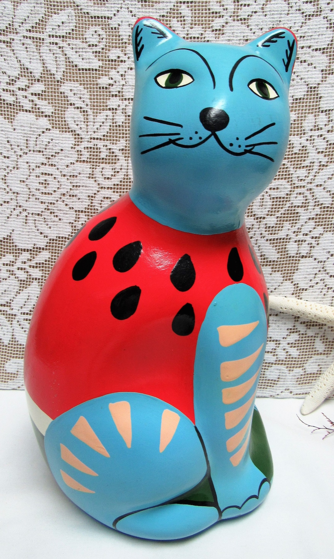 Vintage MEXICO POTTERY Folk Art Hand Painted Smiling CAT Coin Bank ...