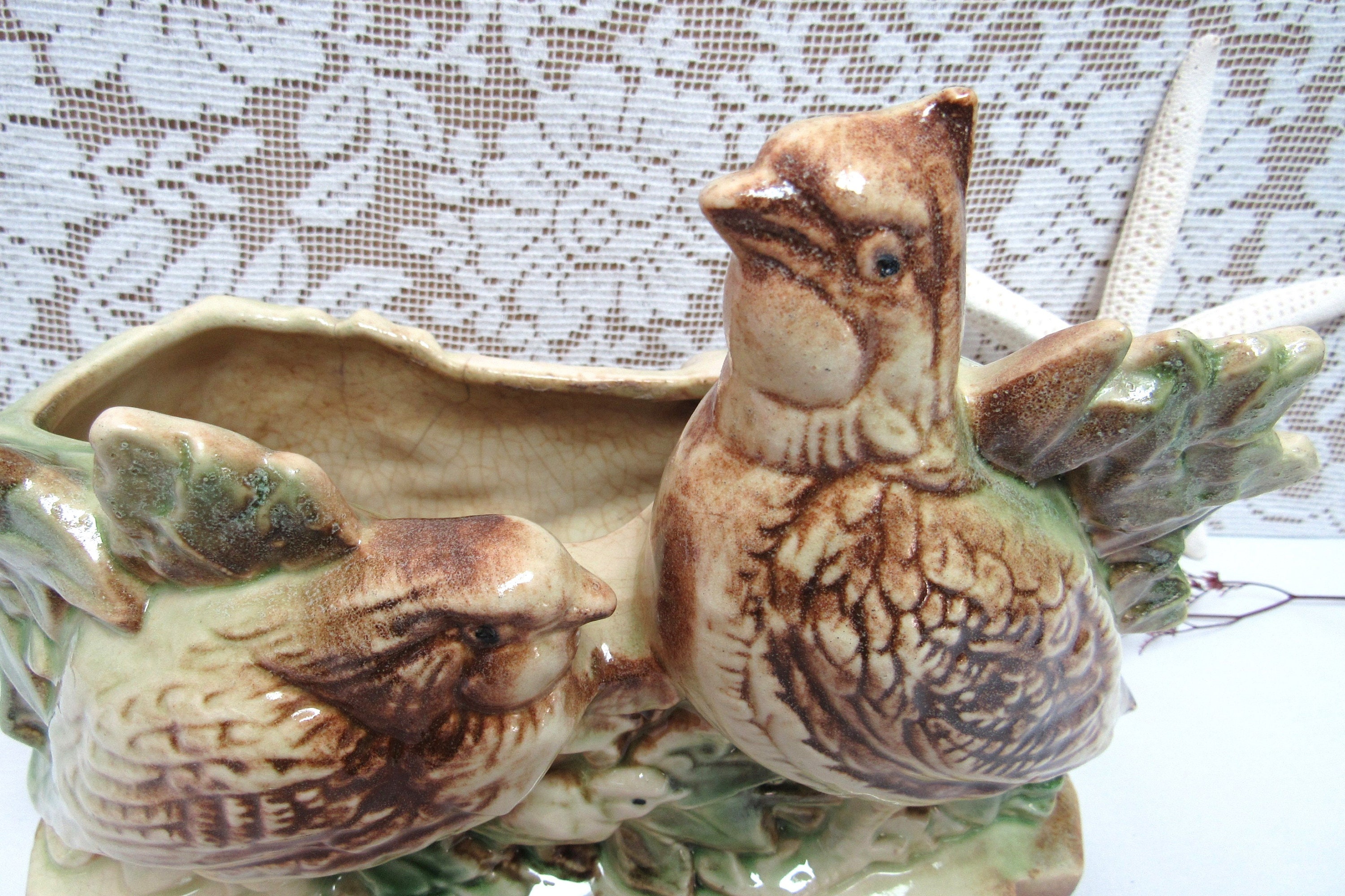 Vintage MCCOY POTTERY Quail Pheasant Triple Bird Planter Flowerpot Made ...