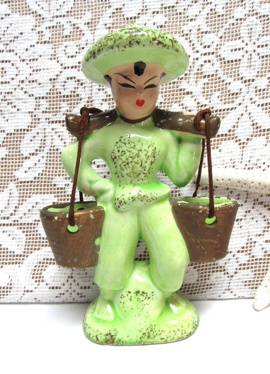 Vintage JAPAN FIGURINE Oriental Asian Man Carrying Two Water Buckets ...