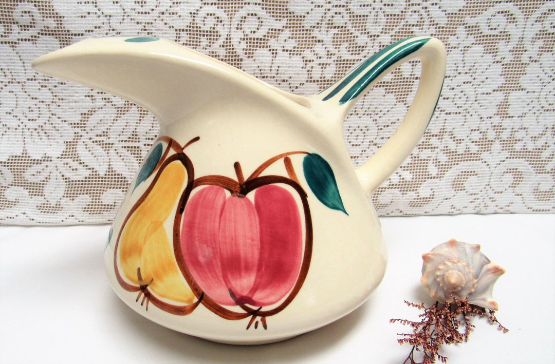 Vintage PURITAN POTTERY Ice Lip PITCHER Hand Painted Apple Pear Country ...
