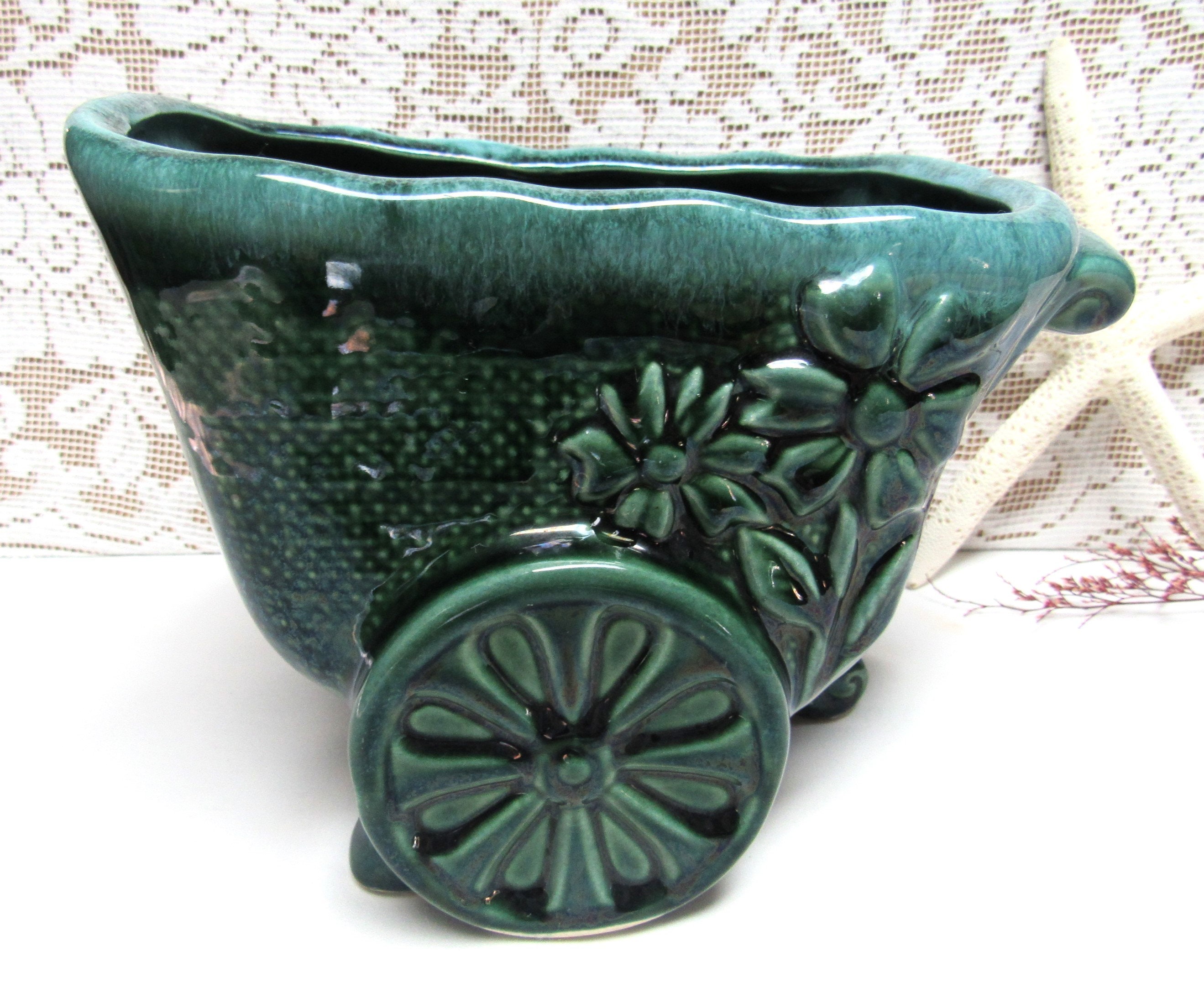Lovely Vintage HULL POTTERY Wheelbarrow PLANTER B14 Green Foam Drip ...