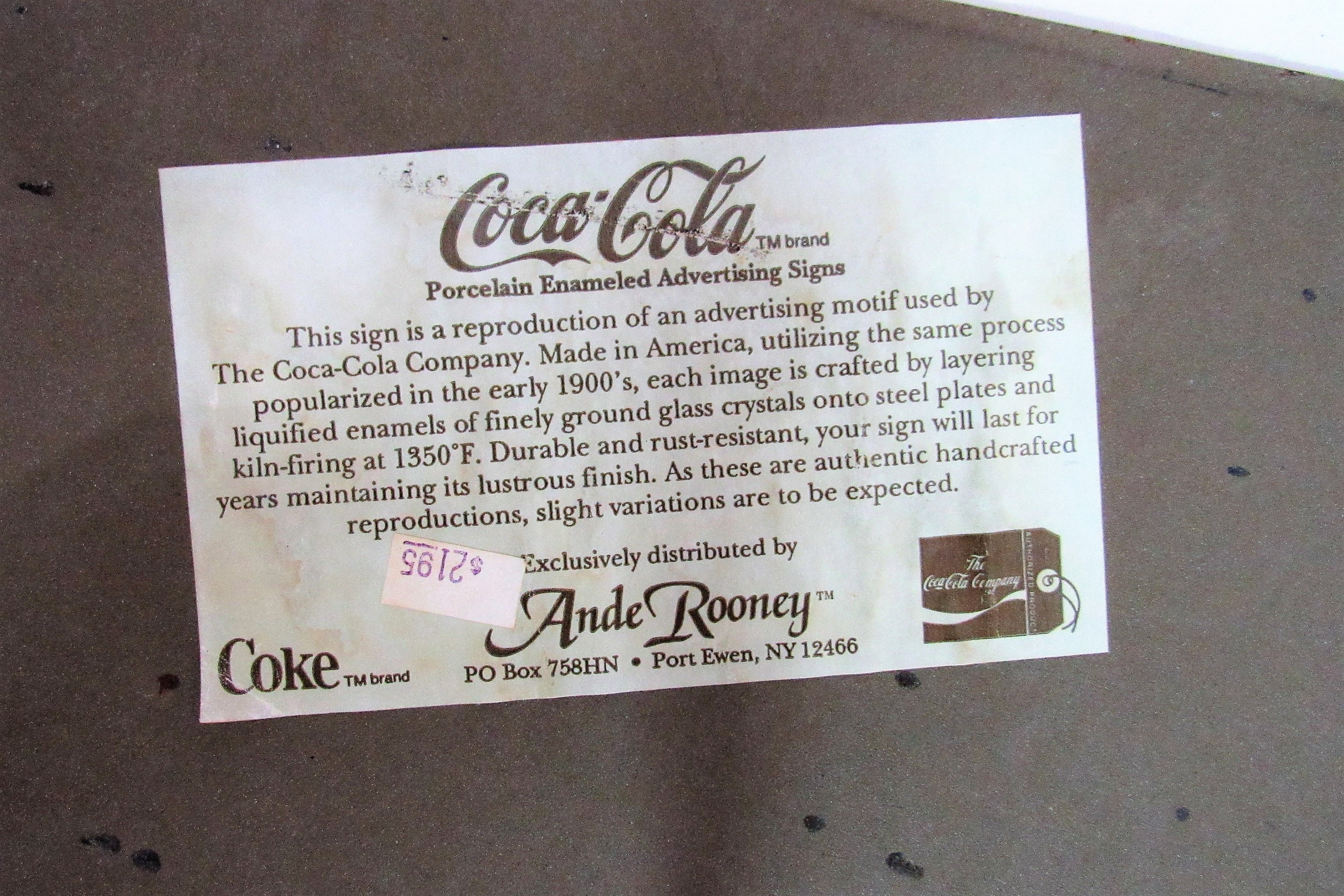 Vintage 1989 COCA COLA COKE Enamel Reproduction Sign Ande Rooney Metal ...