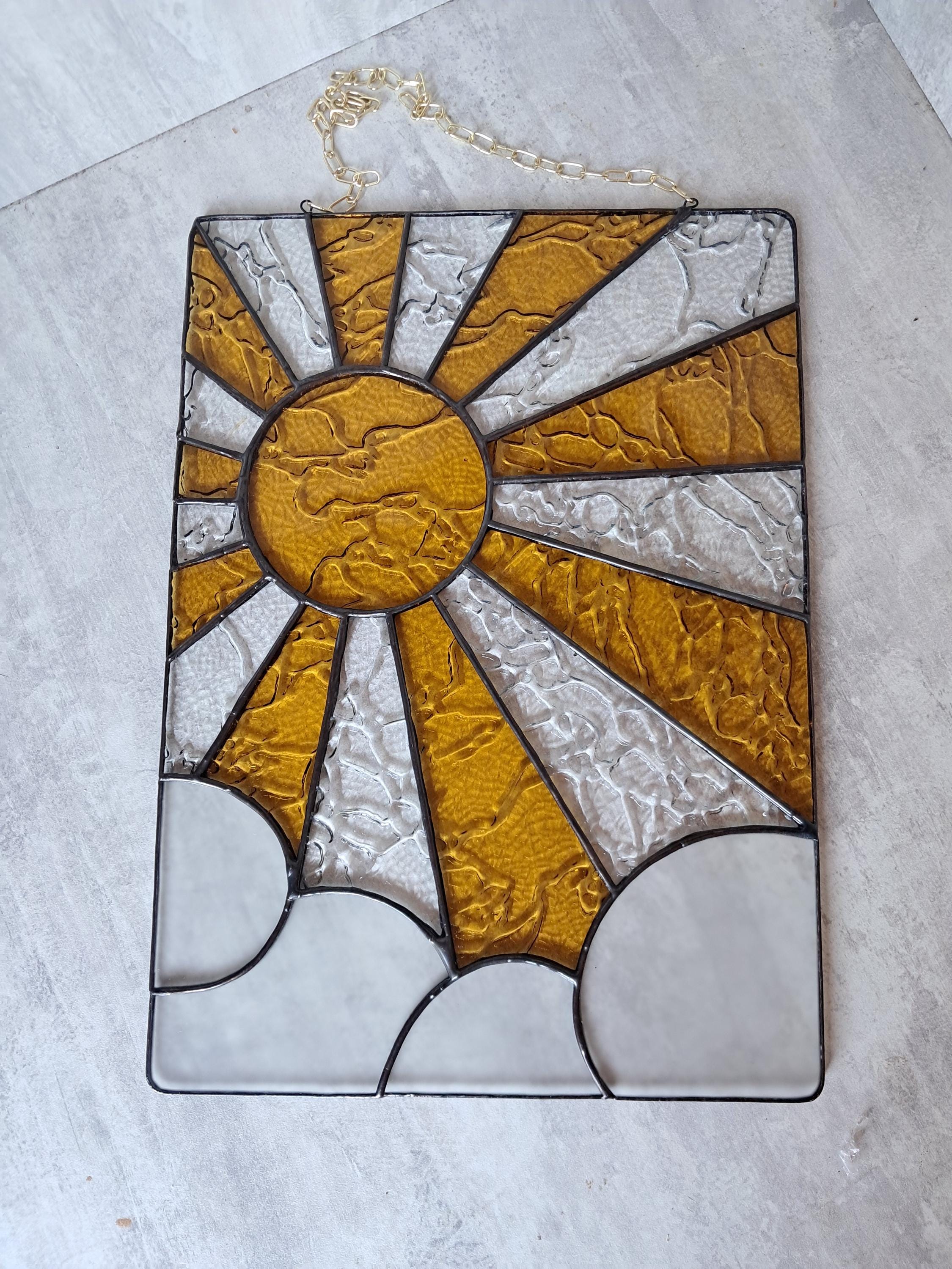 Cloud and Sun Translucent Art Glass Panel. Sunburst Stained Glass ...