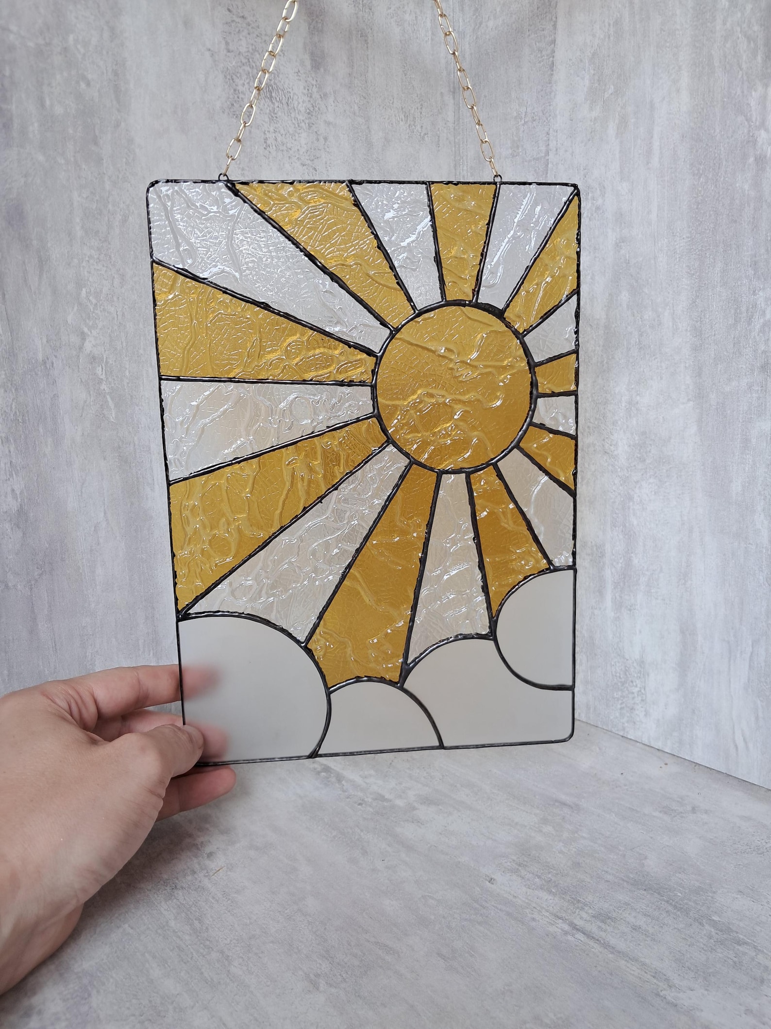 Cloud and Sun Translucent Art Glass Panel. Sunburst Stained Glass ...