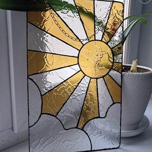 Cloud and Sun Translucent Art Glass Panel. Sunburst Stained Glass ...