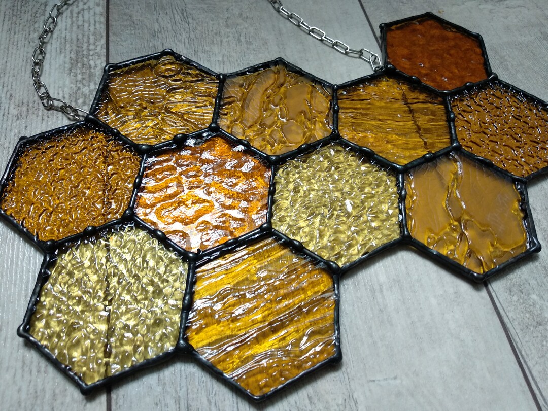 Honeycomb Art Glass Decor - Stained Glass Ornament in Warm Colors for ...