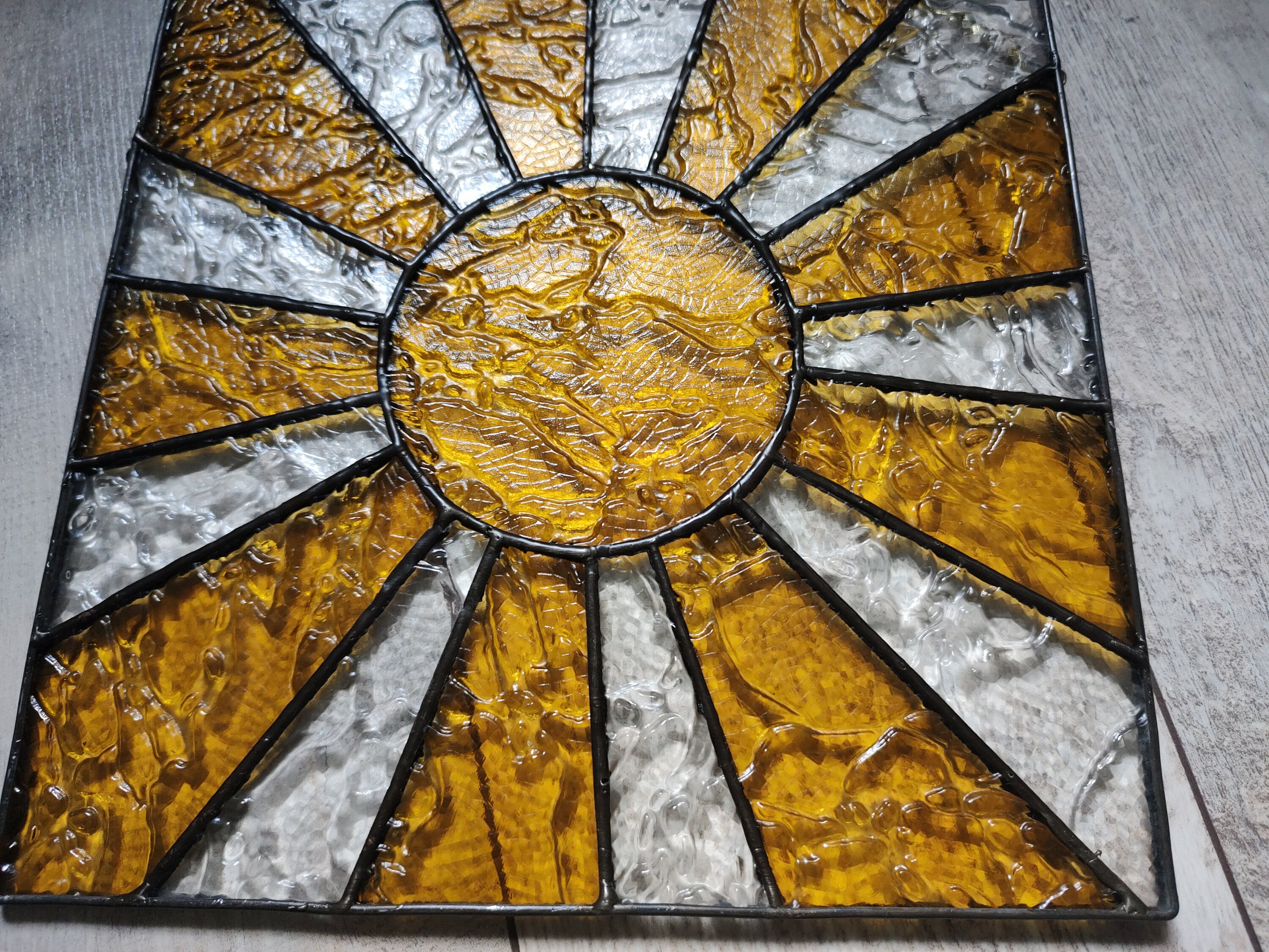 Golden Stained Glass Sun Panel. Square Sunburst Glass Suncatcher ...