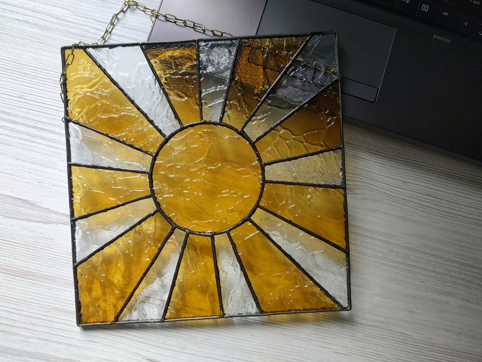 Golden Stained Glass Sun Panel. Square Sunburst Glass Suncatcher ...