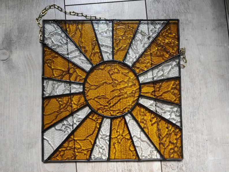 Golden Stained Glass Sun Panel. Square Sunburst Glass Suncatcher ...
