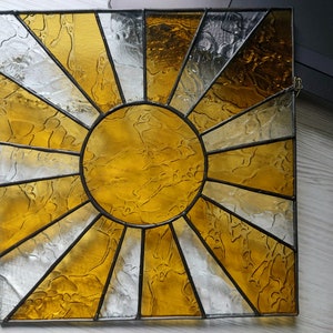 Golden Stained Glass Sun Panel. Square Sunburst Glass Suncatcher ...