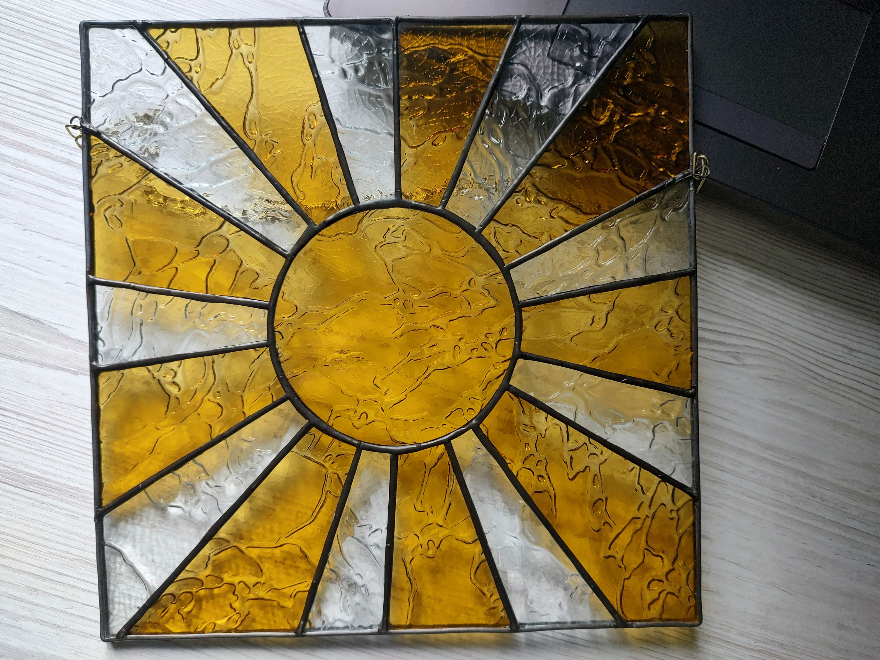 Golden Stained Glass Sun Panel. Square Sunburst Glass Suncatcher ...