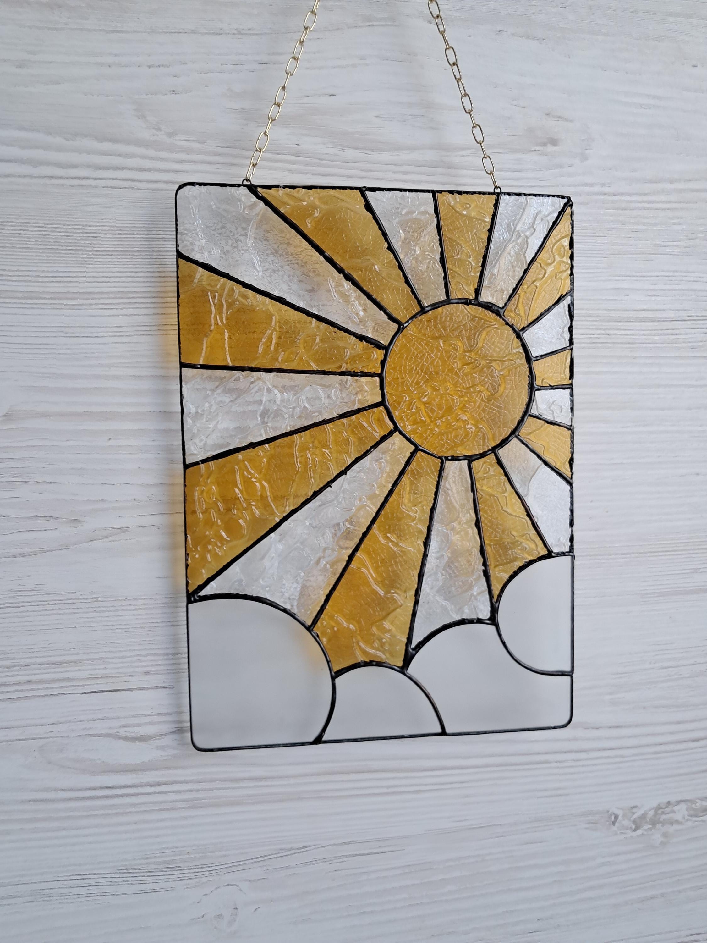 Cloud and Sun Translucent Art Glass Panel. Sunburst Stained Glass ...