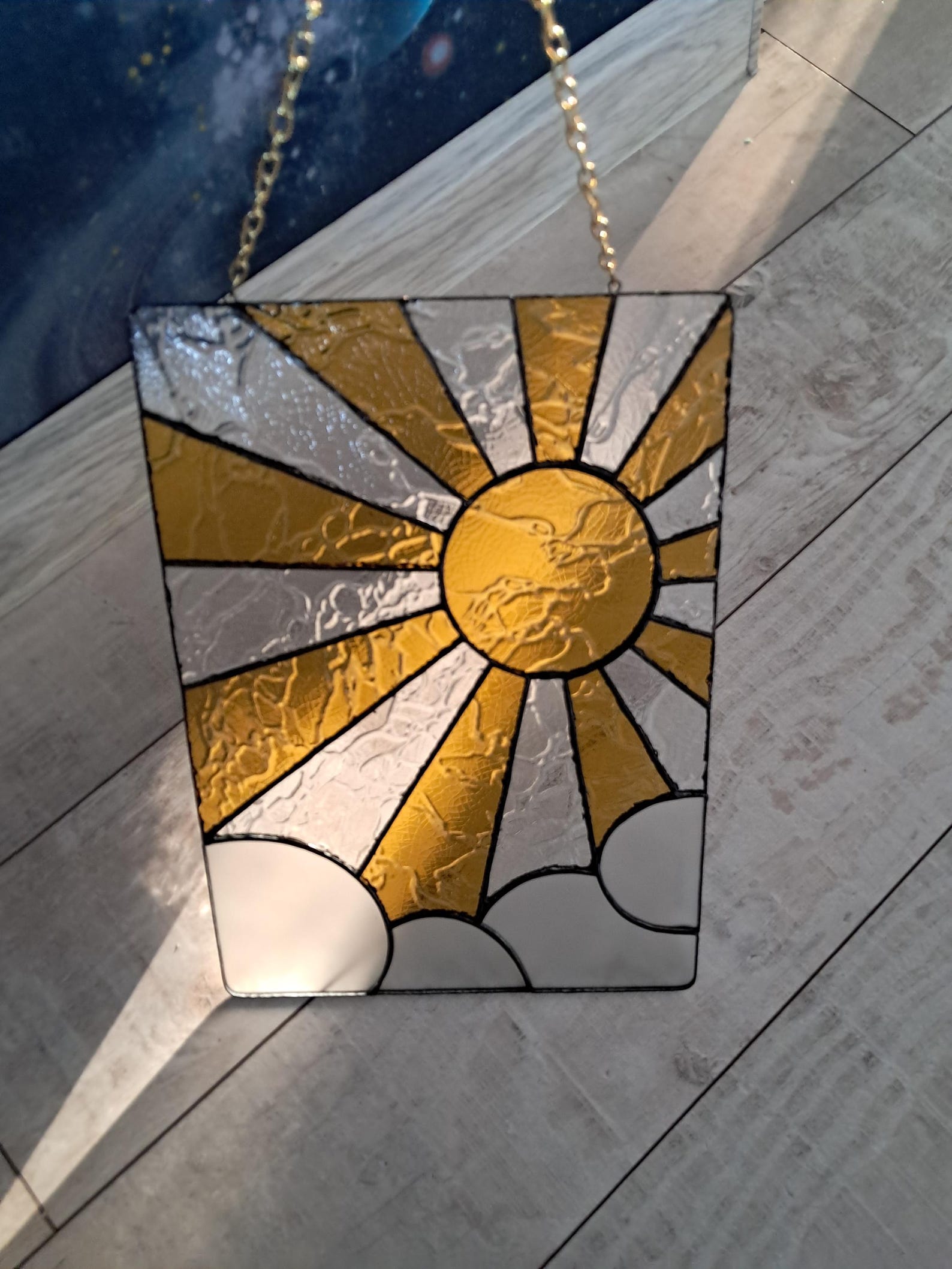 Cloud and Sun Translucent Art Glass Panel. Sunburst Stained Glass ...