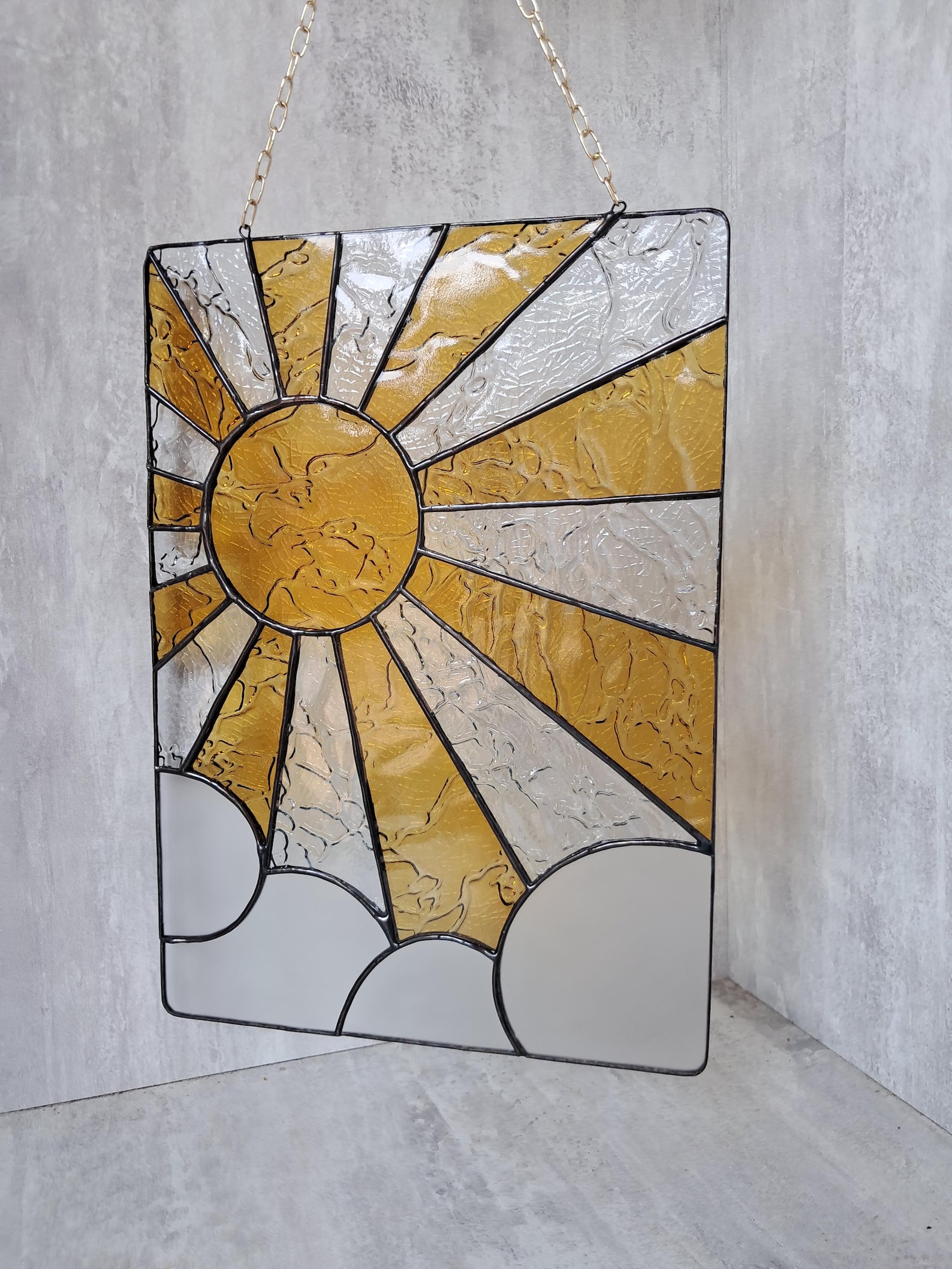 Cloud and Sun Translucent Art Glass Panel. Sunburst Stained Glass ...